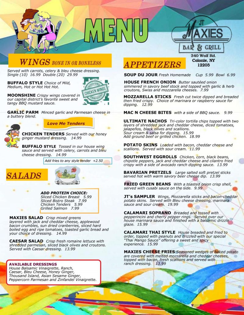 Menu – JT Maxies Bar & Grill | Wolf Road Albany NY