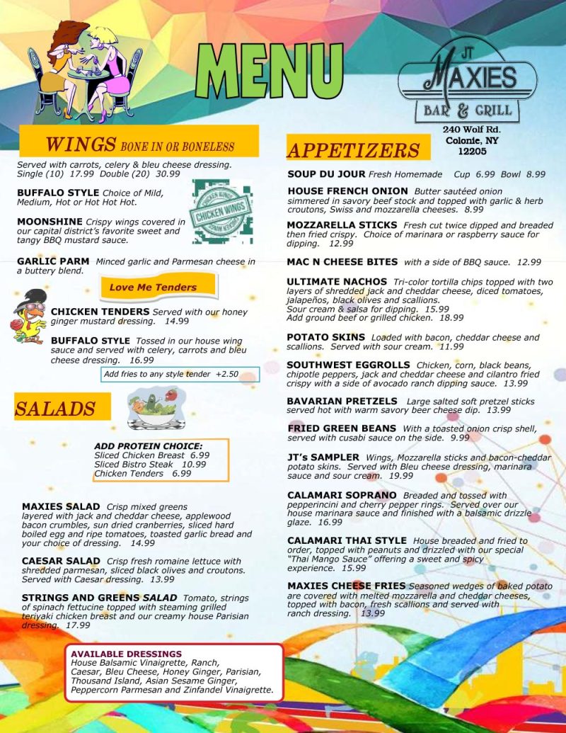 Menu – JT Maxies Bar & Grill | Wolf Road Albany NY
